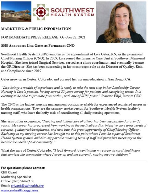 SHS Announces Lisa Gates as Permanent CNO | Southwest Health